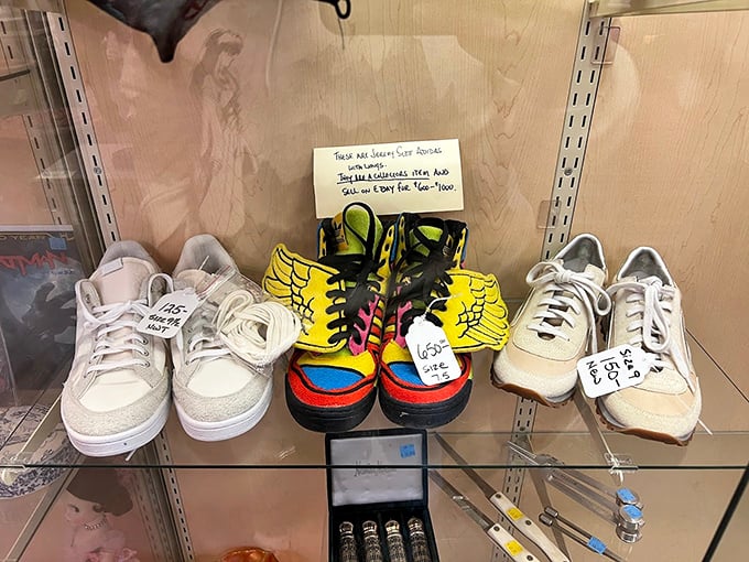Shoes with personality lined up like hopeful contestants on a reality show. Those winged sneakers are definitely making it to the finale.