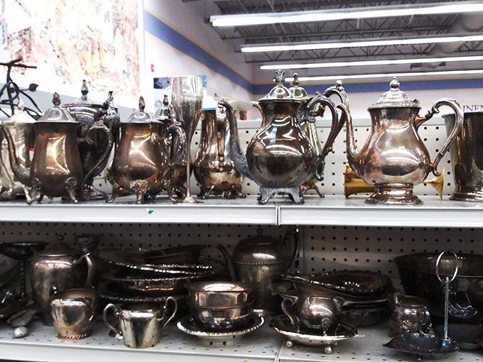 Silver tea services that once graced formal dining rooms now stand at attention, ready to bring vintage elegance to your next gathering. 