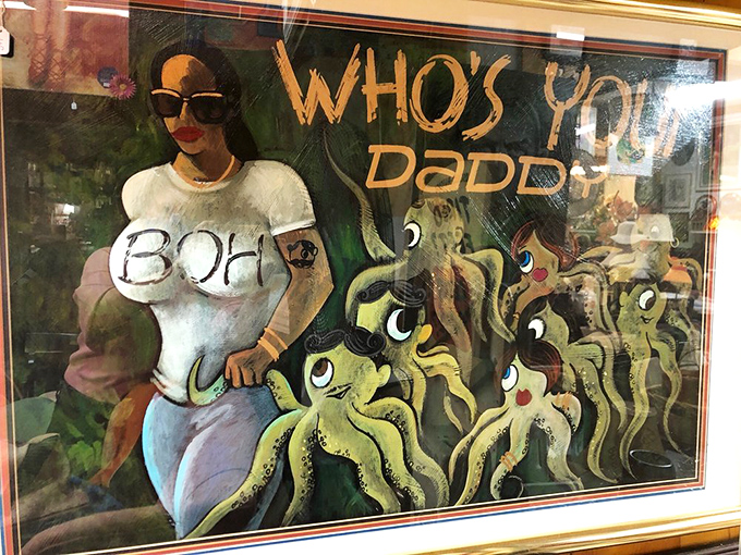This surreal artwork poses an eternal question to cephalopods everywhere. The bizarre and beautiful coexist in perfect harmony at Antique Man.