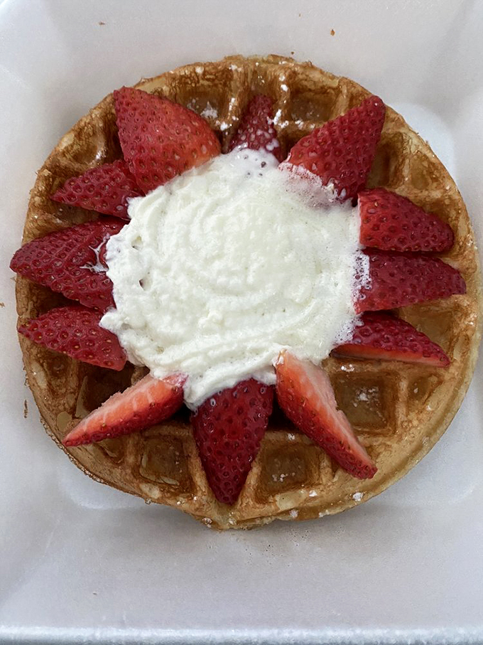 Fresh strawberries arranged like a crimson crown around cloud-like whipped cream—nature's perfect fruit meeting waffle perfection in a breakfast romance for the ages.