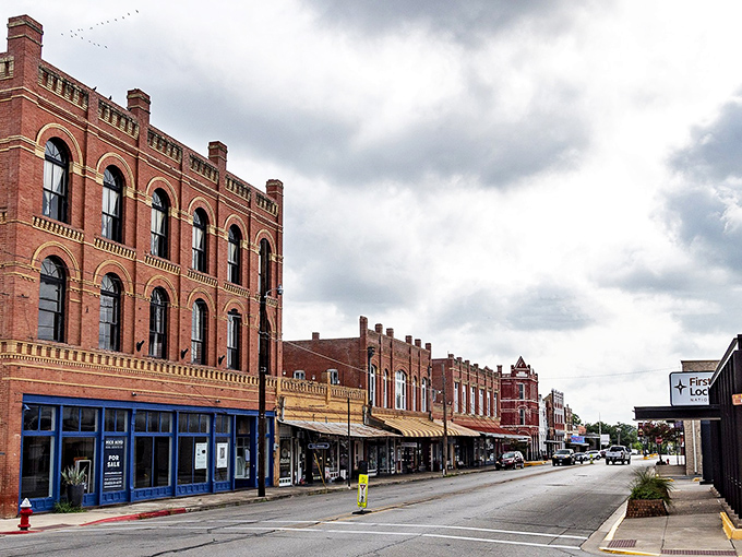 After the rain, Lockhart's main street shines like a movie set. If Norman Rockwell painted Texas towns, this would be his masterpiece.