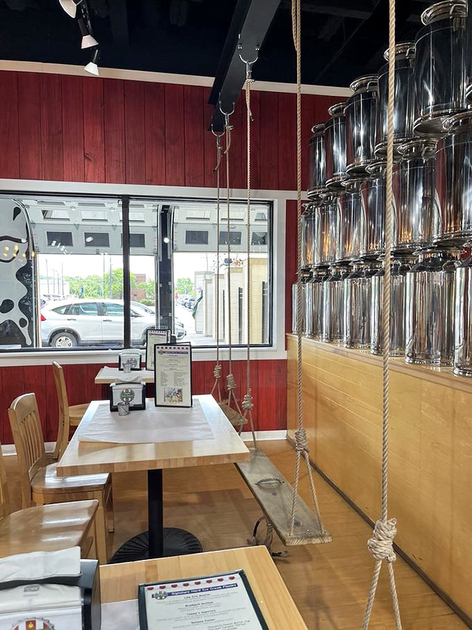 Simple tables with a view of gleaming containers. Whatever those cylinders hold, I'm willing to bet it's worth the calories.