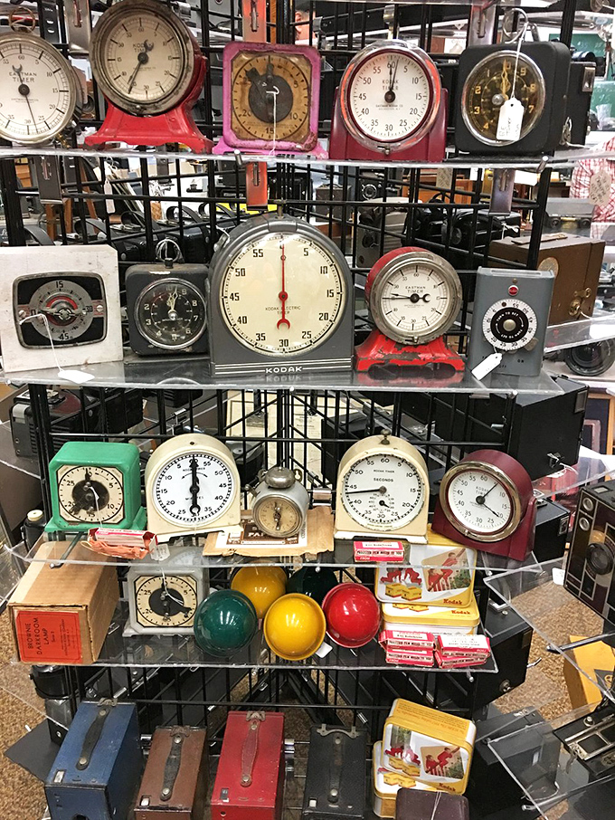 These colorful vintage darkroom timers look like they belong in a 1950s sci-fi film. Before digital countdowns, photographers relied on these mechanical marvels.