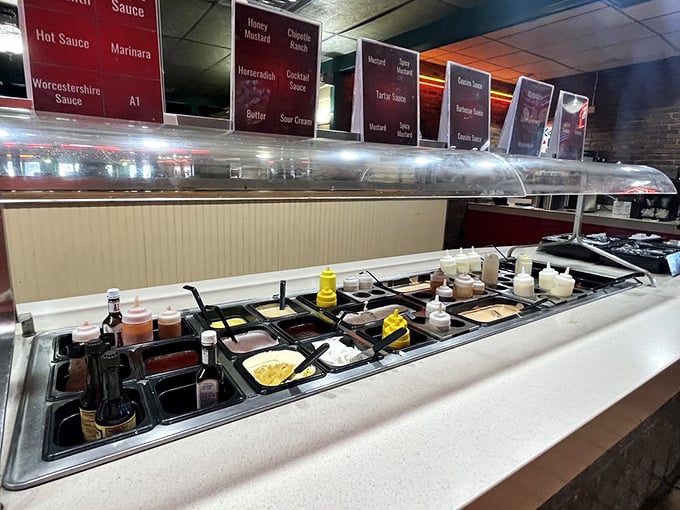 The legendary toppings bar&mdash;where burger dreams are realized and restraint goes to die. Choose wisely, my friends. 