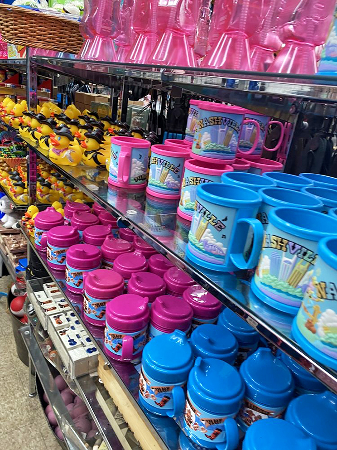 Colorful mugs and rubber duckies compete for attention. Because nothing says "I remember Nashville" like bathing with a cowboy duck.