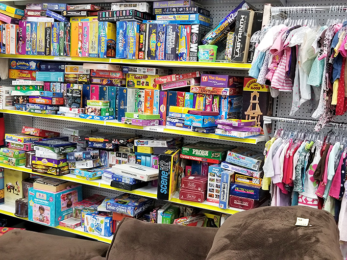 Board game heaven! Childhood classics and forgotten gems stack the shelves, many with all their pieces—a thrift store miracle.