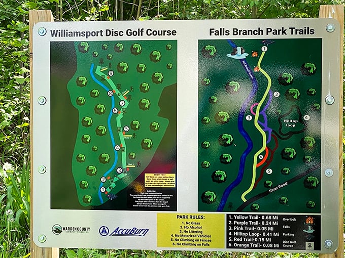 Choose your own adventure, waterfall edition. This trail map offers multiple paths to experience Williamsport's natural wonder and disc golf too.