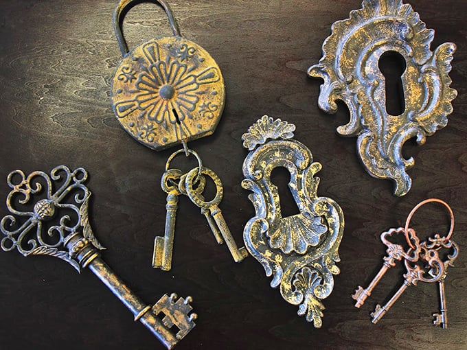 Vintage keys and escutcheons that belong in a Wes Anderson film set. Architectural salvage meets artistic inspiration.