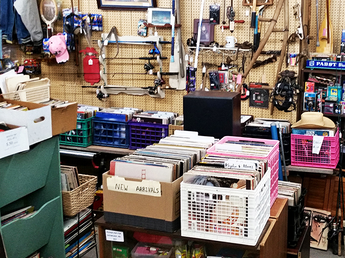 Vinyl heaven for music lovers. Those colorful crates labeled "New Arrivals" are like treasure chests for audiophiles hunting their next nostalgic fix.