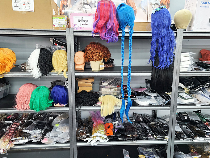 The wig section offers instant transformation possibilities. From mermaid blue to fiery red, new personas await at bargain prices.