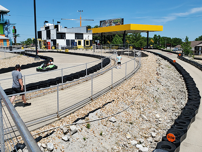 Sunshine illuminates the perfectly engineered track curves. Each turn is an opportunity for triumph or humbling reality check about your racing abilities.