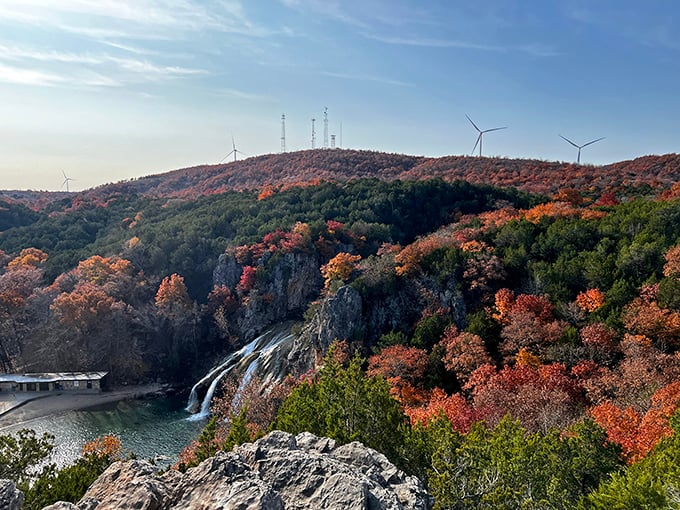 Even the windmills seem to pause in admiration of the view. Oklahoma's hills roll away like waves in a green ocean.