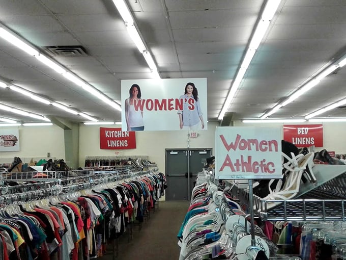 The women's athletic section: where workout gear gets its second wind and vintage team shirts tell stories of championships past.