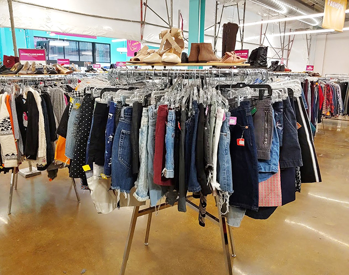 Denim heaven awaits, with rows of pre-loved jeans and shorts spanning decades of fashion, proving good style is truly timeless.