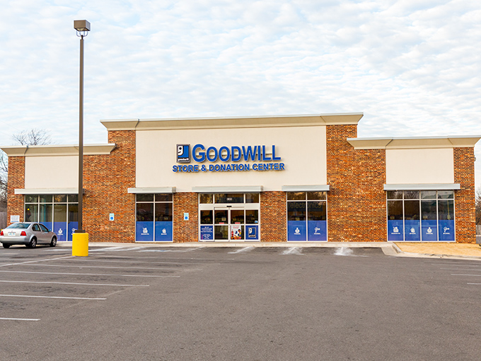 Blue and brick perfection! Goodwill's professional exterior hints at the organized bargain wonderland waiting inside.