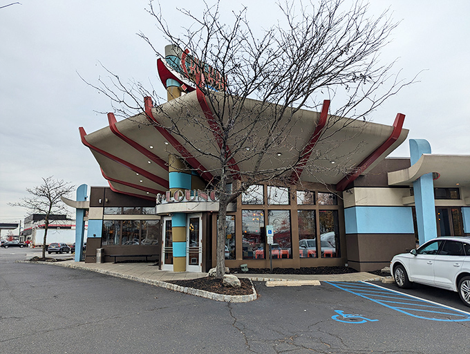 Skylark Diner exterior: The Jetsons would approve of this space-age breakfast spot. The roof looks ready for takeoff, but the food keeps you grounded.