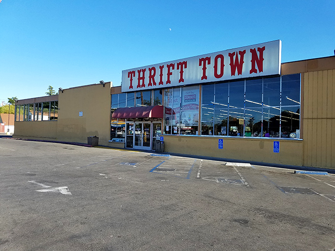 Thrift Town's retro signage stands as a monument to secondhand shopping glory. The name says it all!