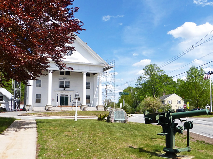 Bedford's white church stands proudly against blue skies, a postcard-perfect scene from a simpler, gentler time.