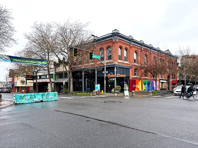 Historic brick buildings house local businesses in Bellingham, where coastal charm meets surprisingly manageable living costs.