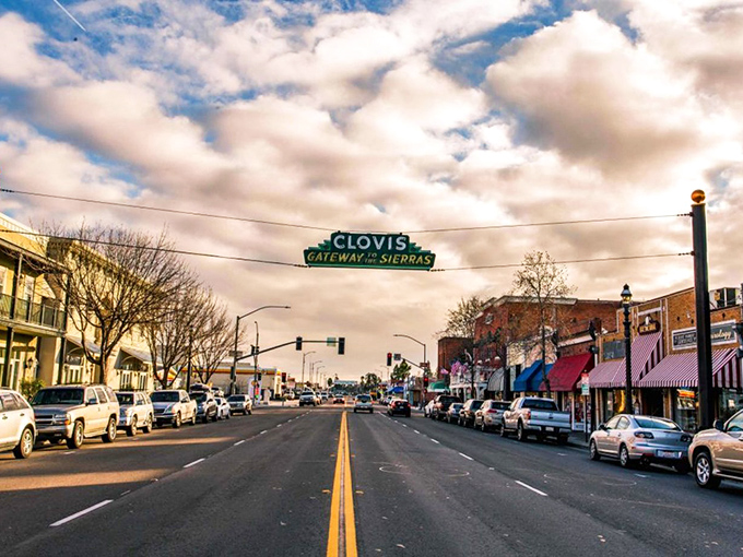 The "Gateway to the Sierras" sign welcomes visitors to Clovis, where retirees find their Social Security dollars go surprisingly far.