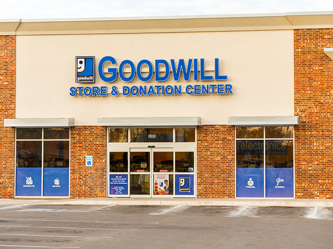 Brand recognition at its best! Goodwill's iconic blue signage promises a shopping experience that's both budget-friendly and community-supporting.