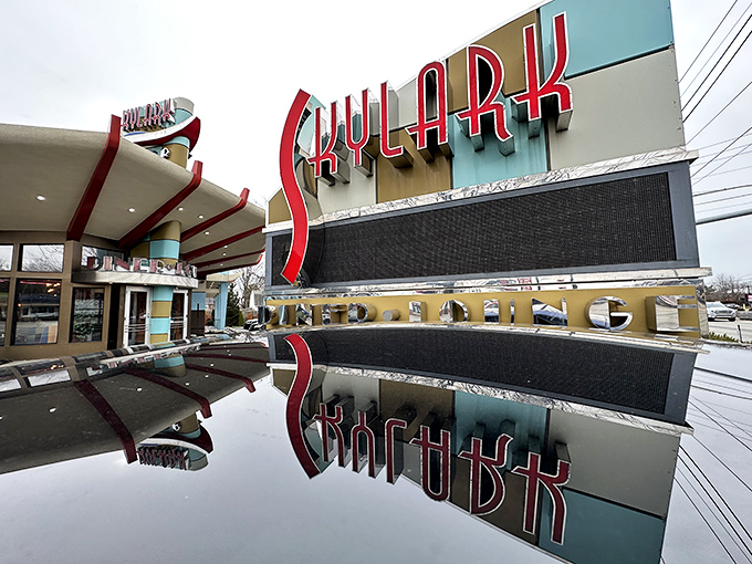 Skylark Diner from another angle: Mid-century modern meets morning hunger. That swooping design isn't just for looks &ndash; it's aerodynamic for faster coffee delivery.