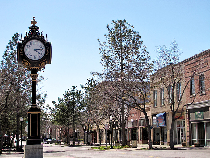 An ornate street clock stands sentinel in Twin Falls' downtown district, where historic buildings house local shops and restaurants within walking distance for retirees seeking small-city amenities with small-town charm.