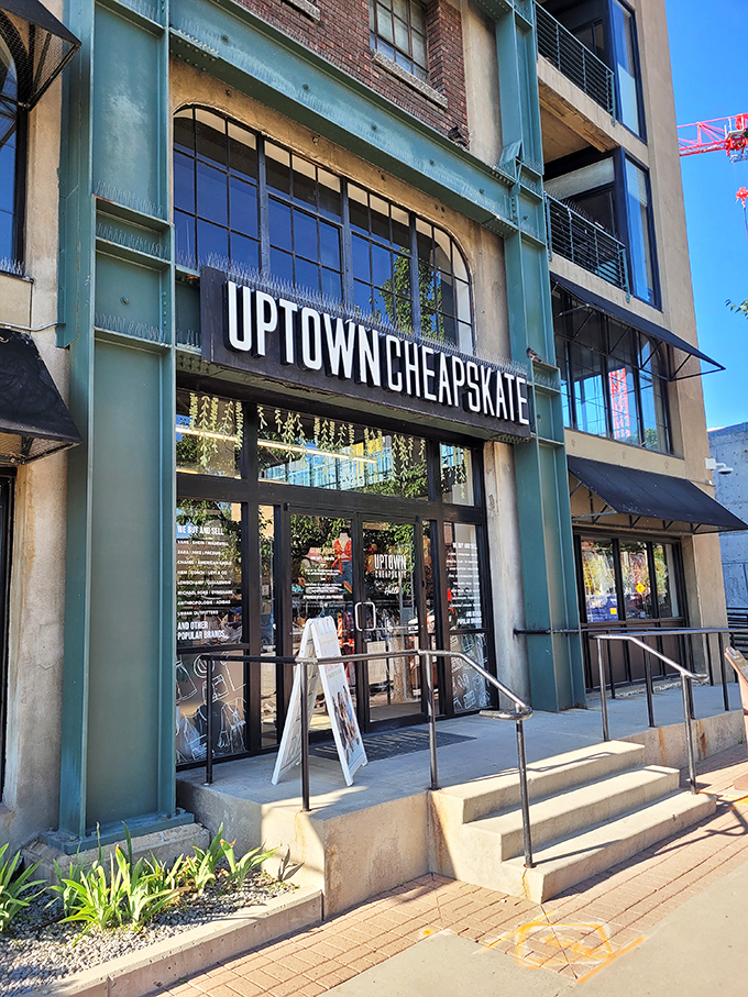 Large windows showcase Uptown Cheapskate's stylish interior &ndash; this is thrifting with a decidedly upscale twist.Add to Conversation