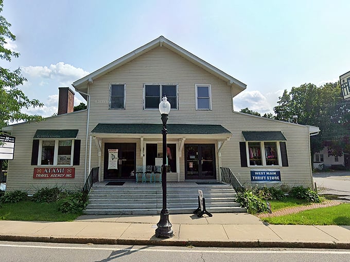Flower beds and inviting steps make this thrift store feel more like a welcoming home than a retail space.