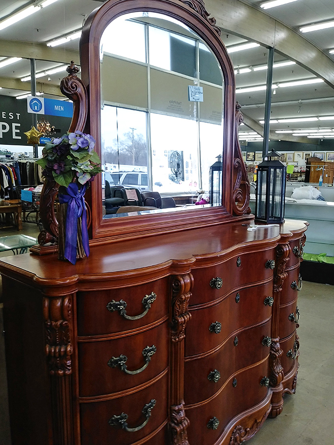 This magnificent dresser with ornate mirror isn't just furniture&mdash;it's a time machine to an era when craftsmanship was an art form. 