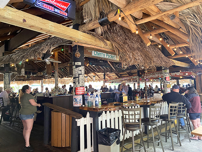 The tiki-style bar where dollar bills create a peculiar kind of wallpaper. Each one represents someone who couldn't resist leaving their mark.