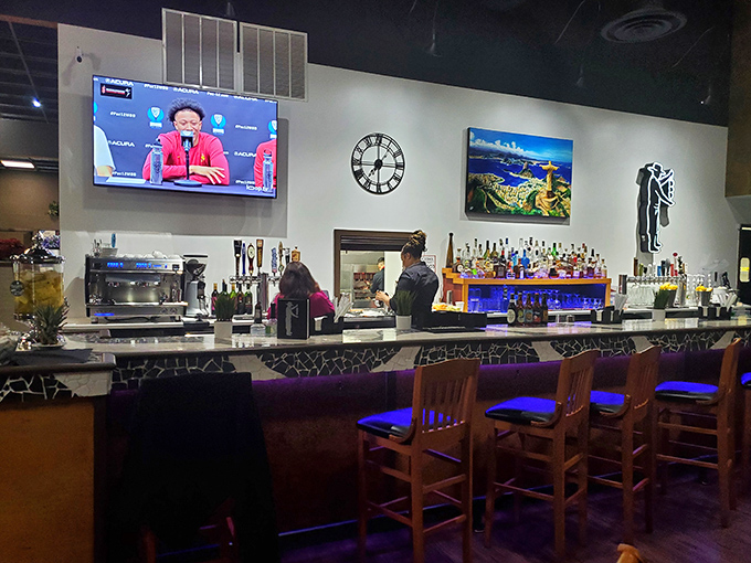 The bar area beckons with the promise of caipirinhas and conversation&mdash;the perfect prelude to the meat symphony that awaits.