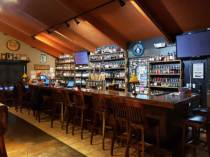 A bar that takes its liquid art as seriously as its wings. The bottle collection looks like a boozy version of the New York skyline.