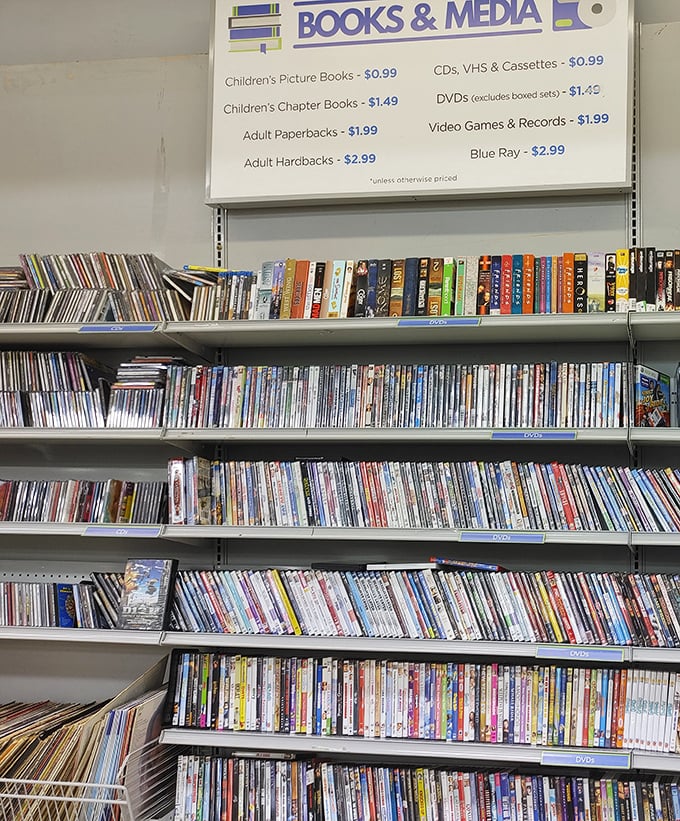The media section: where DVDs, CDs, and books find second lives. Remember when we paid for these things instead of subscribing to them?
