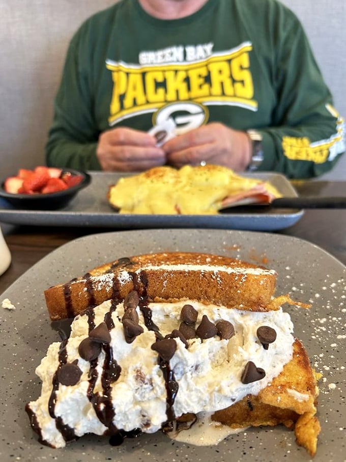 French toast that crossed paths with a cannoli and neither regretted the encounter. Those chocolate chips aren't optional &ndash; they're essential.