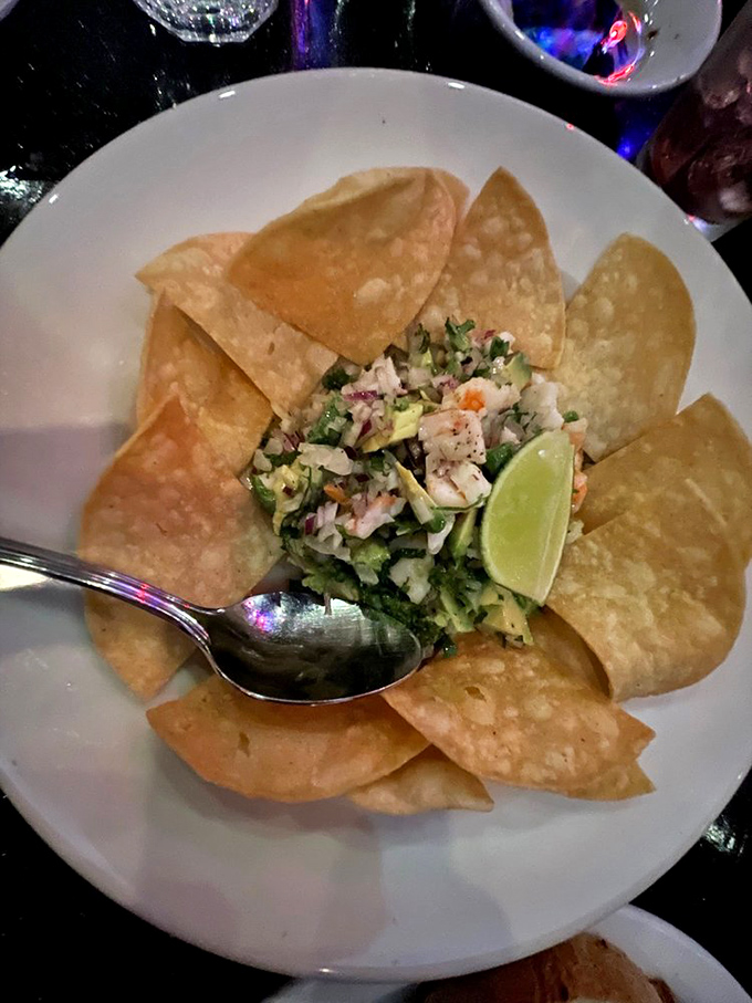 Fresh ceviche with tortilla chips arranged like a sunburst—ocean flavors that taste like vacation even on a Tuesday.