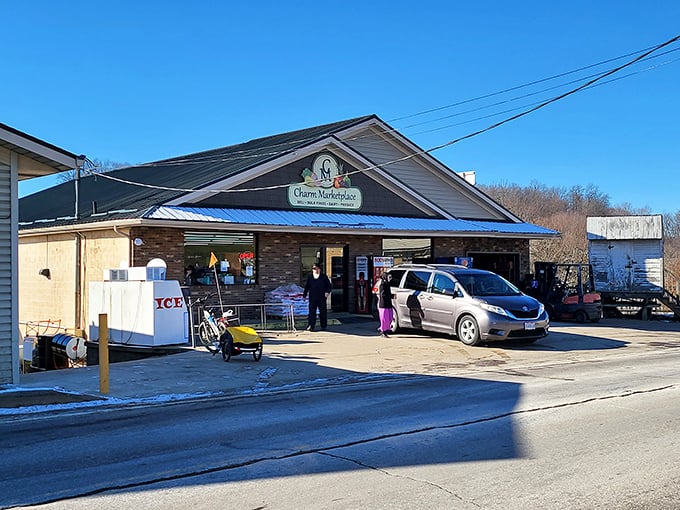 Charm Marketplace offers essentials and treasures alike. The bicycle parking speaks volumes about the blend of worlds coexisting in this special place.