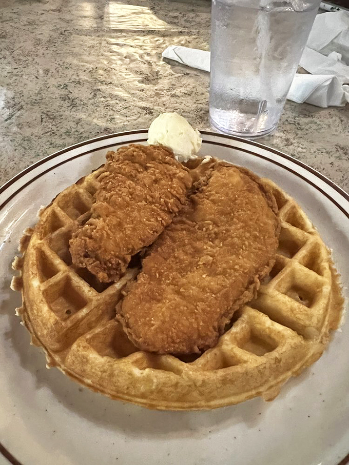 The chicken and waffle combo&mdash;Southern comfort food that proves breakfast and dinner can live harmoniously on one plate.
