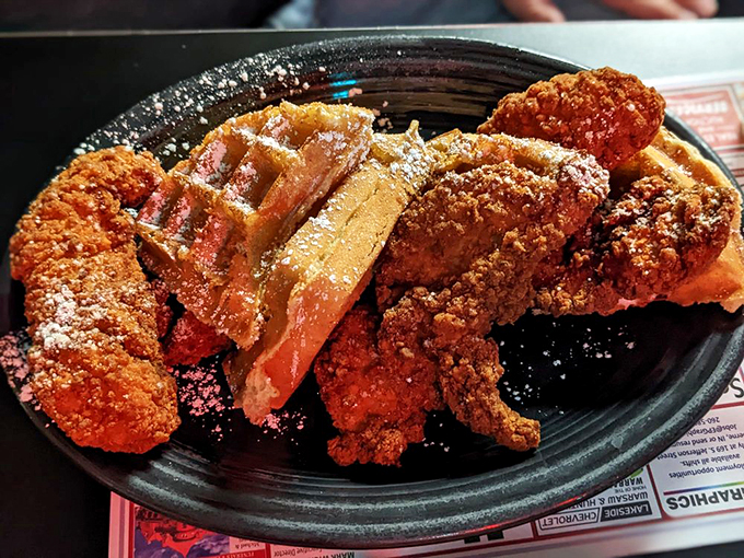 Chicken and waffles: the breakfast-dinner romance that proves opposites not only attract but create culinary magic.