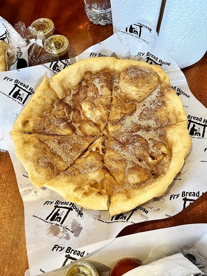 Cinnamon and sugar transform fry bread into a dessert worthy of worship. The perfect balance of crispy exterior and tender inside makes donuts jealous.