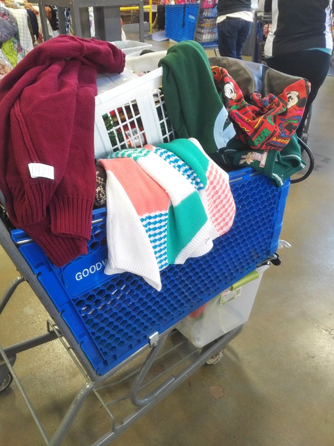 The thrill of the hunt captured in a shopping cart &ndash; each colorful sweater represents potential style reborn at a fraction of retail prices.