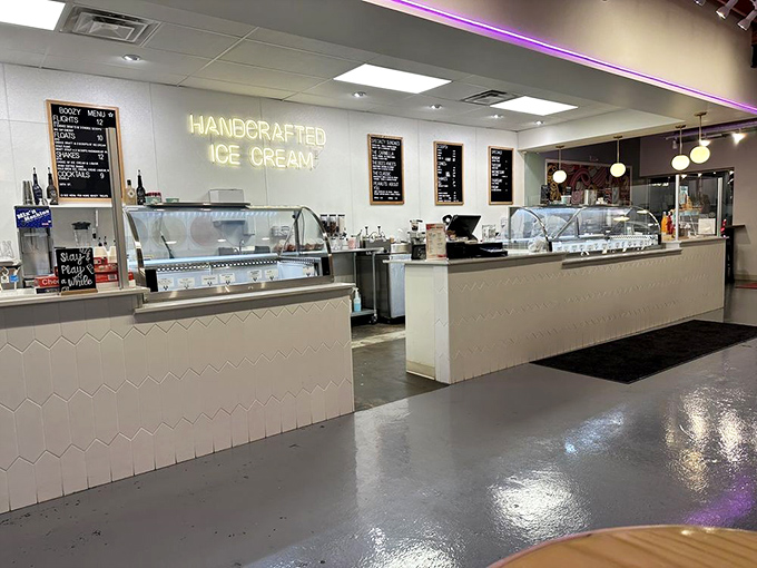 That "HANDCRAFTED ICE CREAM" sign isn't just illuminated&mdash;it's practically radiating with pride, like a parent at their kid's graduation.