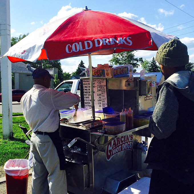 The red and white umbrella isn't just protection from the elements&mdash;it's a beacon calling hungry Indianapolis residents toward hot dog nirvana.
