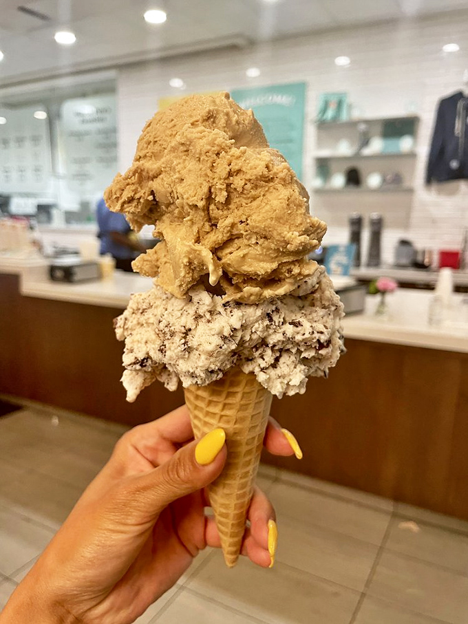 The ice cream tower defies both gravity and willpower. Two distinct personalities stacked together like the odd couple of the dessert world.