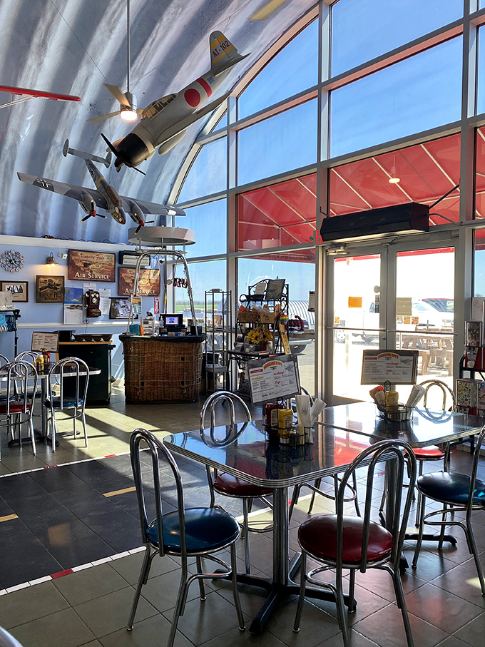 The wall-to-wall aviation memorabilia creates an atmosphere where Amelia Earhart would feel right at home ordering seconds.