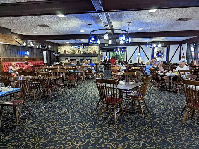 Wooden chairs, blue carpet, and stone fireplace create the perfect backdrop for food that tastes like childhood&mdash;even if you grew up eating TV dinners.