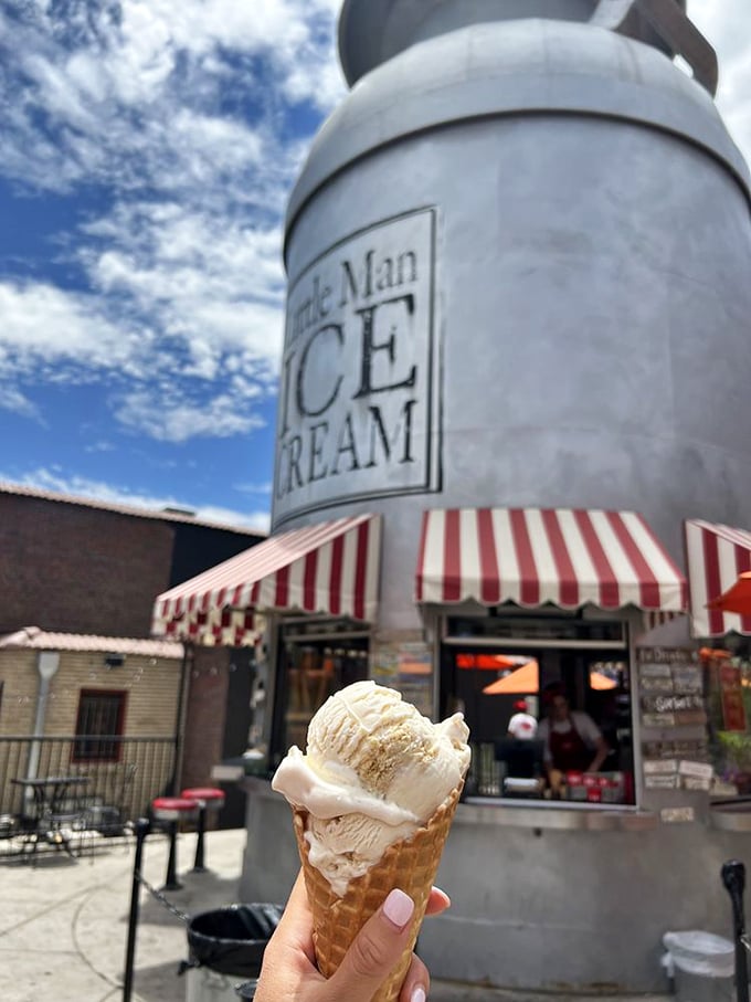 Vanilla bean with cookie companions, posing majestically before its milk can birthplace. Some cones deserve their own Instagram account.