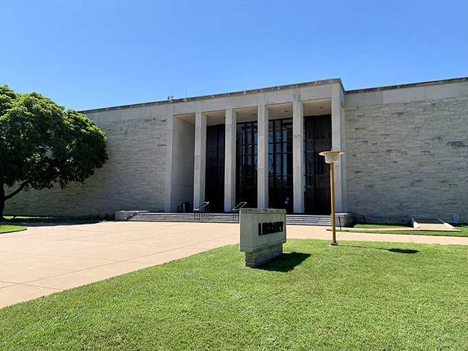 The Eisenhower Presidential Library's limestone façade stands dignified and imposing, much like the man it commemorates. History never looked so approachable.