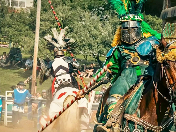 Medieval pageantry comes alive during Lewisburg's festivals. These jousting knights bring history to theatrical life, delighting crowds with their colorful regalia and skilled horsemanship.