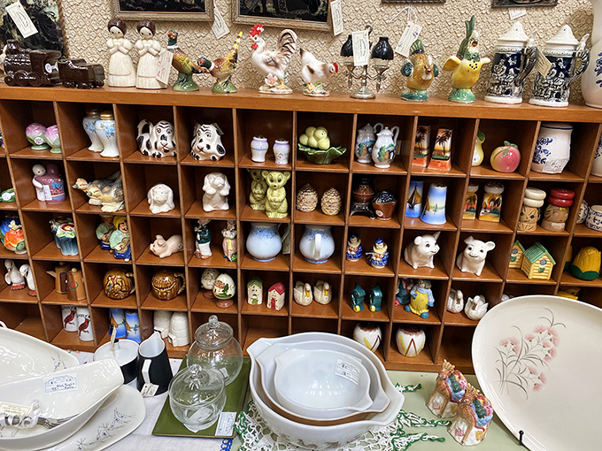 Tiny figurines and salt-and-pepper shakers fill cubbyholes with whimsy and charm, while your inner voice asks, "Do I really need ceramic chickens?"